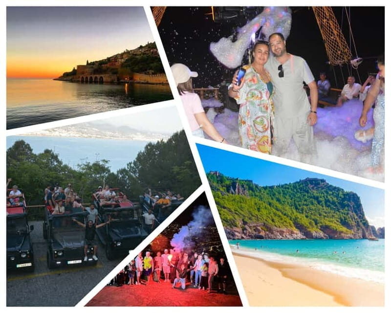Alanya: Sunset Party Boat, Jeep, Cleopatra Beach & Dinner - Key Points