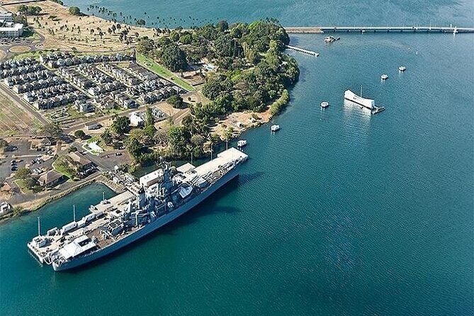 Battleships of WWII at Pearl Harbor from Kauai - National Memorial Cemetery of the Pacific & Honolulu Landmarks