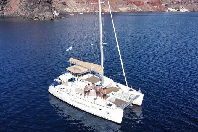Santorini Gold Catamaran Cruise with BBQ, Drinks and Hotel Pickup - The Itinerary in Detail