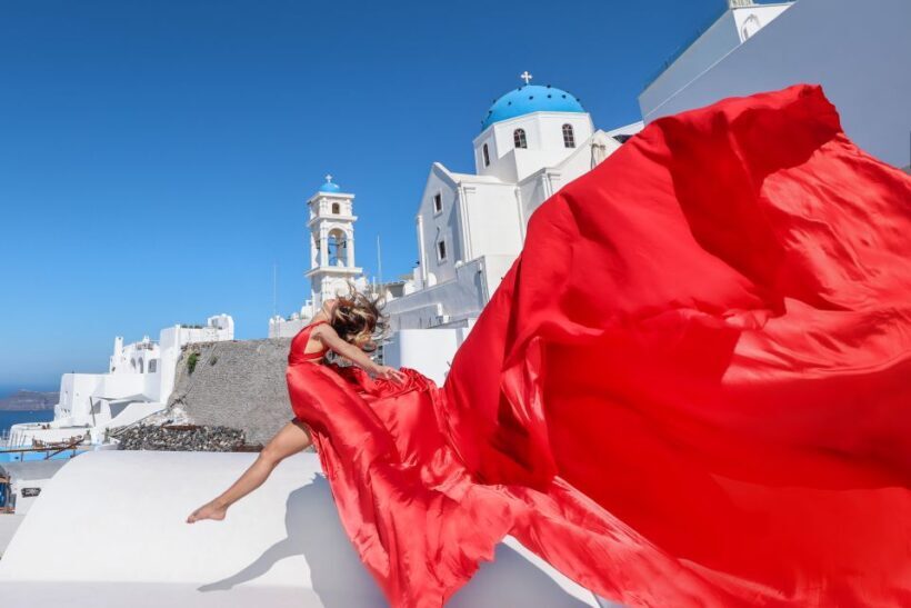 Santorini: Private Flying Dress Photoshoot with Dress Rental - The Sum Up