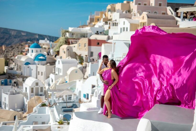 Santorini: Unique Flying Dress Photoshoot Experience - The Pros and Cons