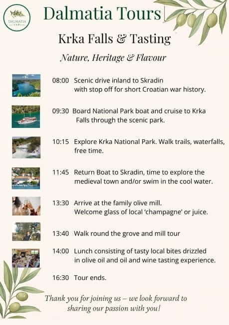 Zadar: Krka falls, olive mill, lunch, oil & wine tasting - Key Points